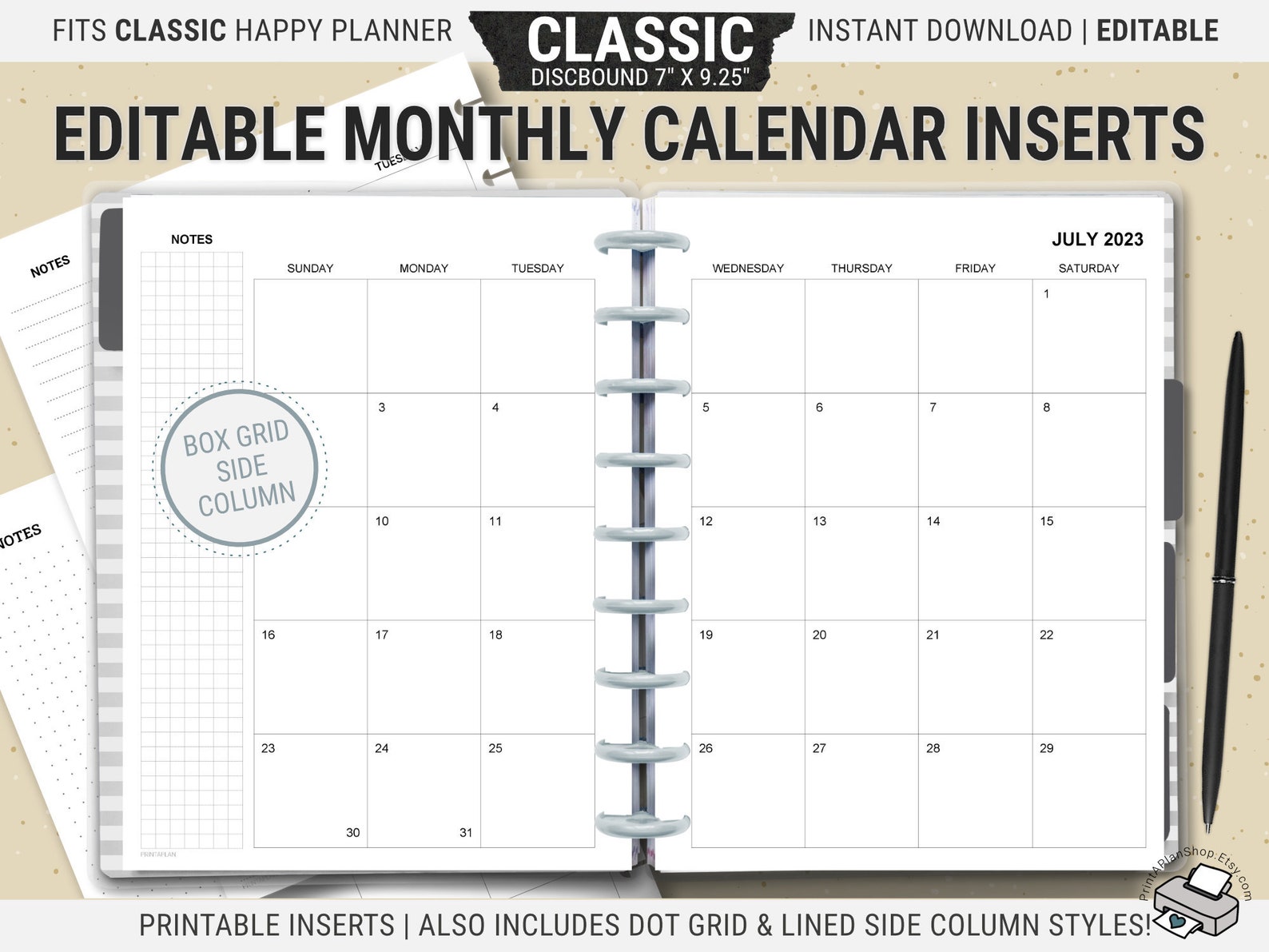 Editable Classic Happy Planner Monthly Calendar Inserts - Etsy