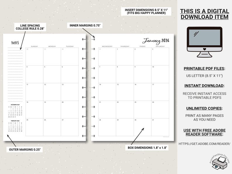 2025-2026 BIG Happy Planner Monthly Calendar Inserts, Printable Pages ...