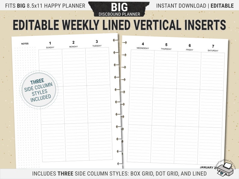 Editable BIG Happy Planner Vertical Inserts Printable Weekly - Etsy