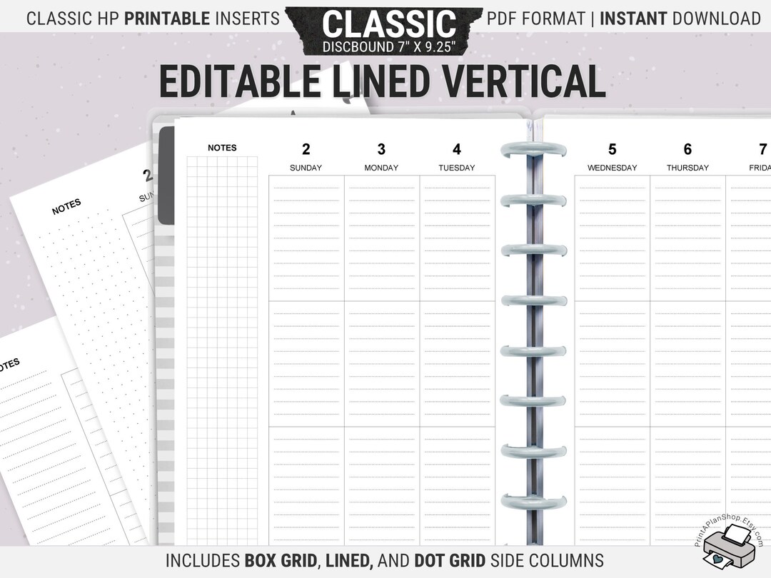 Editable Happy Planner Inserts: Lined Vertical Layout, HP Classic ...