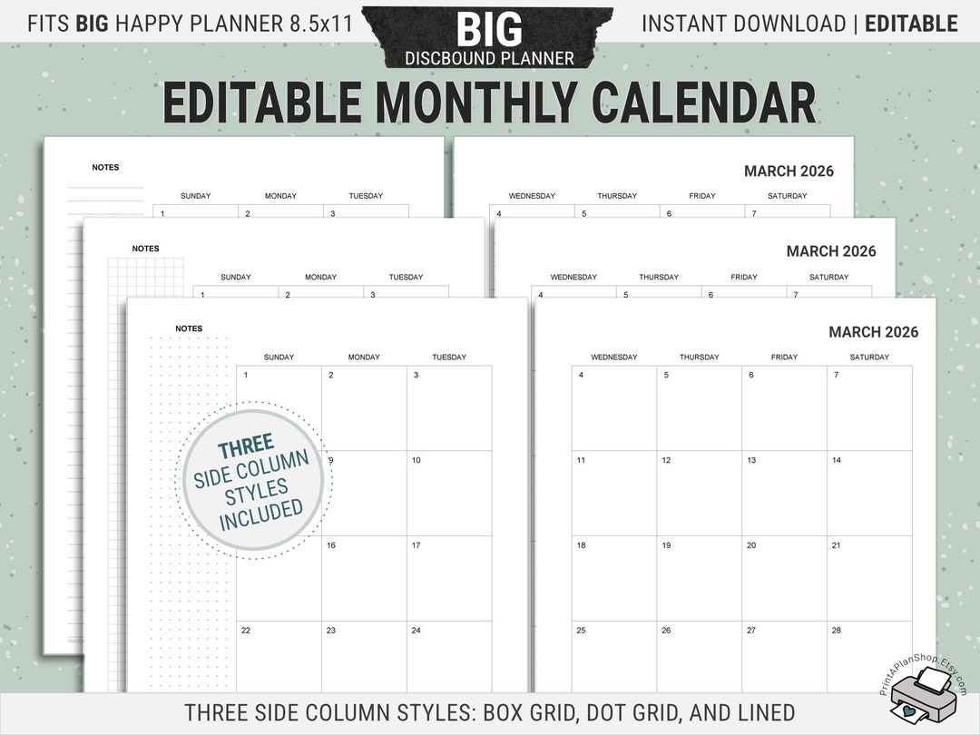 Editable BIG Happy Planner Calendar Inserts, Printable Monthly Planner ...
