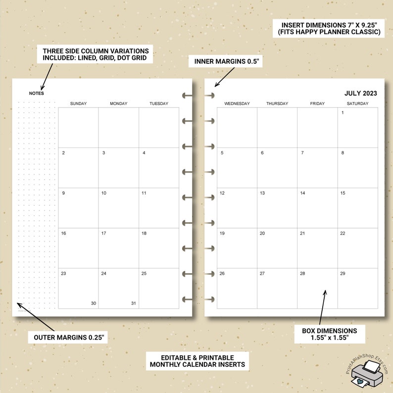 Editable Classic Happy Planner Monthly Calendar Inserts - Etsy