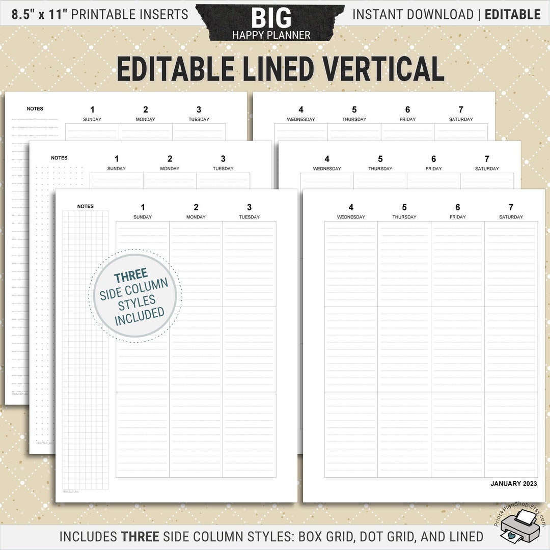Editable BIG Happy Planner Lined Vertical Inserts, Printable Weekly ...