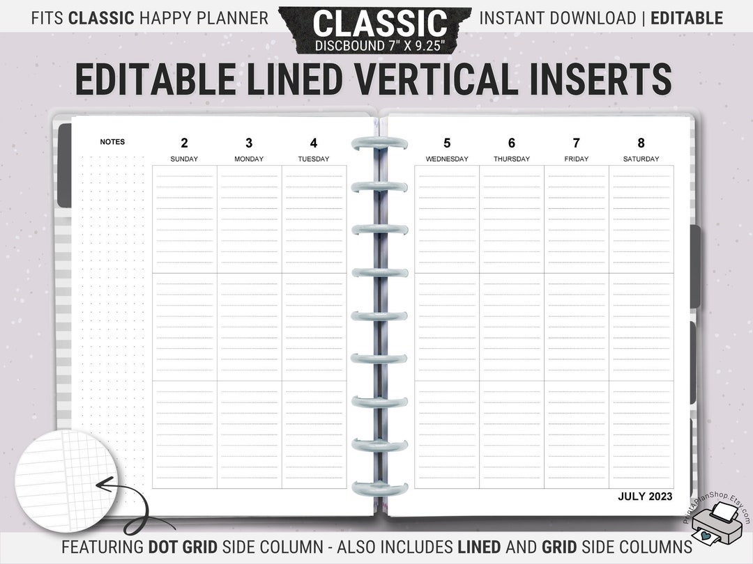 Editable Happy Planner Lined Vertical Layout, HP Classic, Printable ...