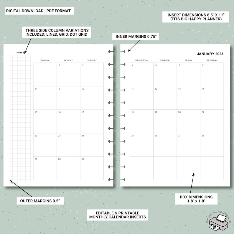 Editable BIG Happy Planner Calendar Inserts Printable Monthly - Etsy