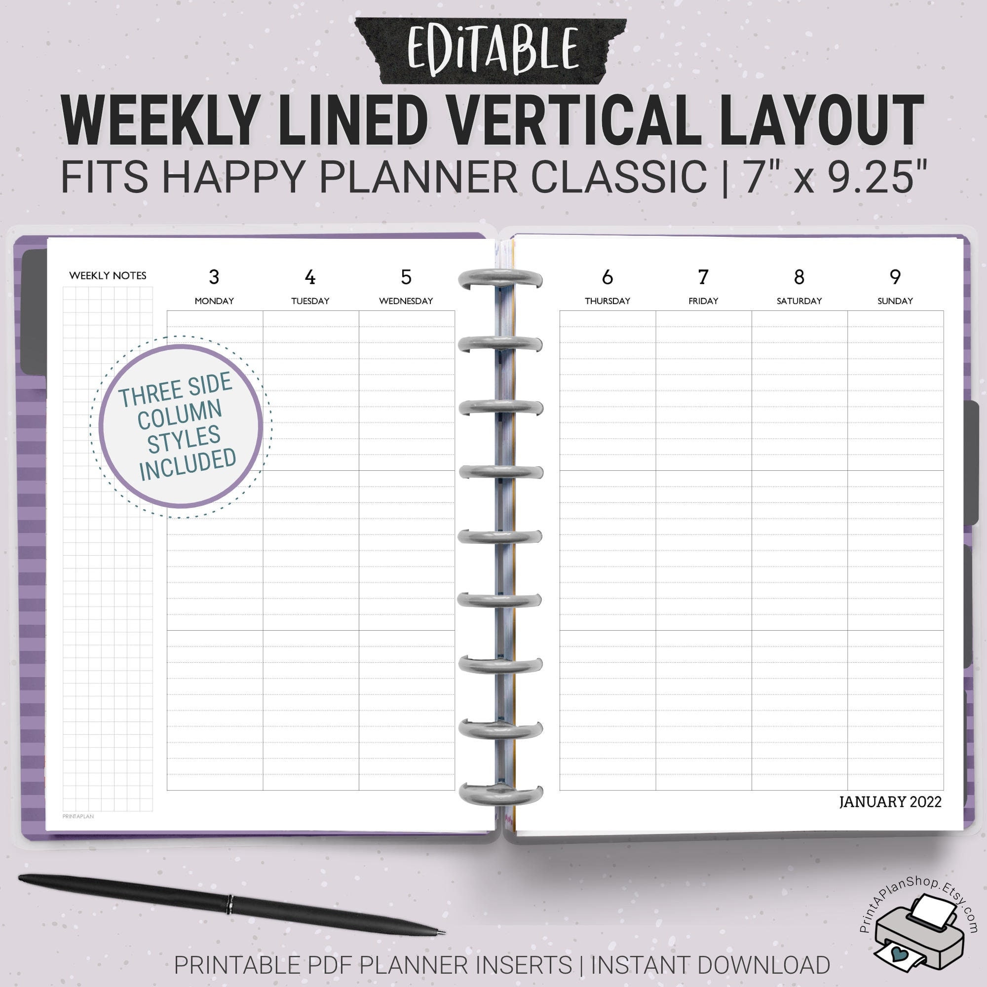 Editable Vertical Weekly Planner Printable Classic Planner Inserts ...