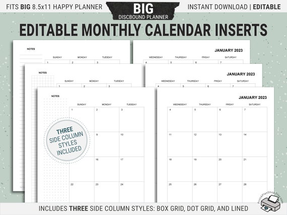 Editable BIG Happy Planner Calendar Inserts Printable Monthly - Etsy