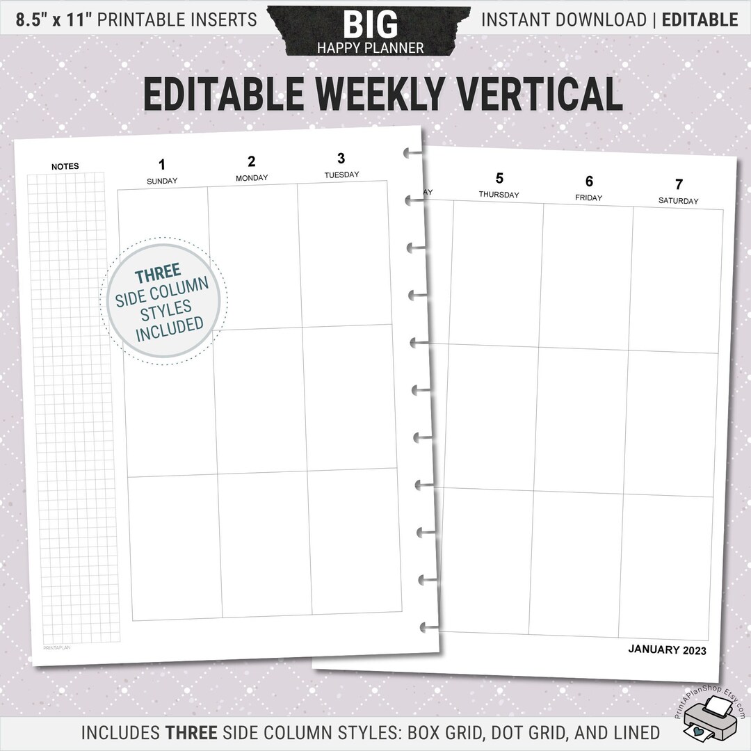 Editable BIG Happy Planner Vertical Inserts, Printable Weekly Planner ...