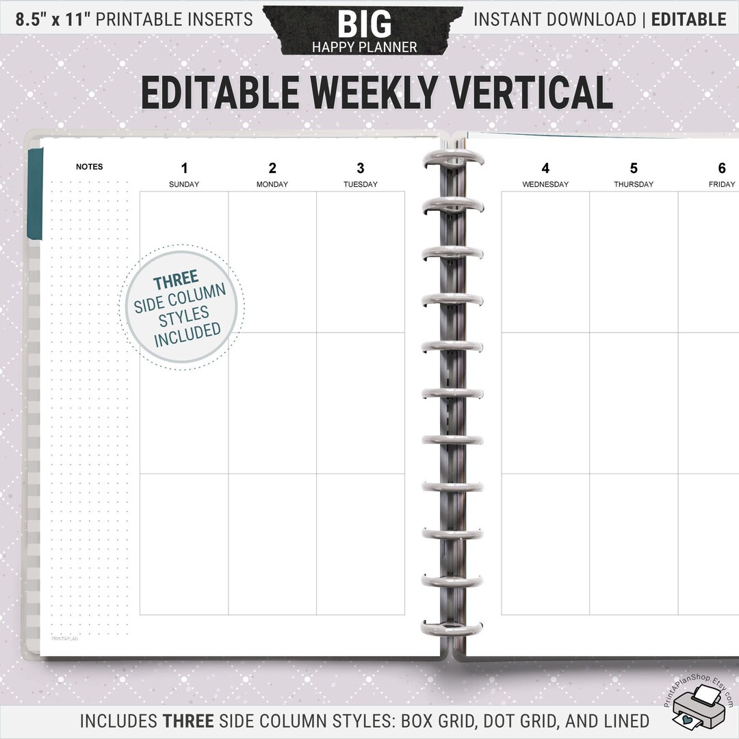 Editable Big Happy Planner Inserts: Lined Vertical Weekly Pages ...