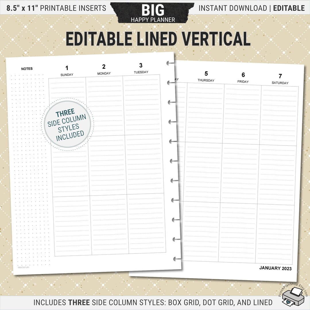 Editable BIG Happy Planner Vertical Inserts, Printable Weekly Planner ...
