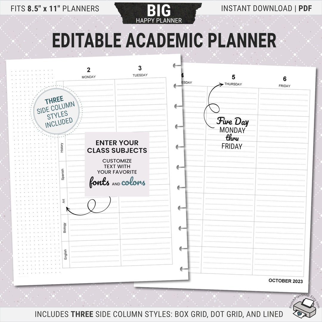 Editable Weekly Class Planner Inserts, BIG Happy Planner, Lined ...