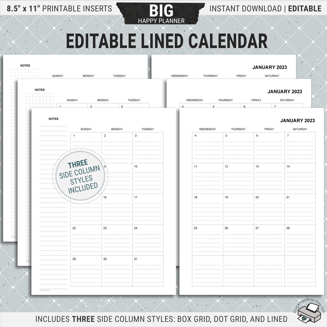 Editable BIG Happy Planner Lined Calendar Inserts, Printable Monthly ...
