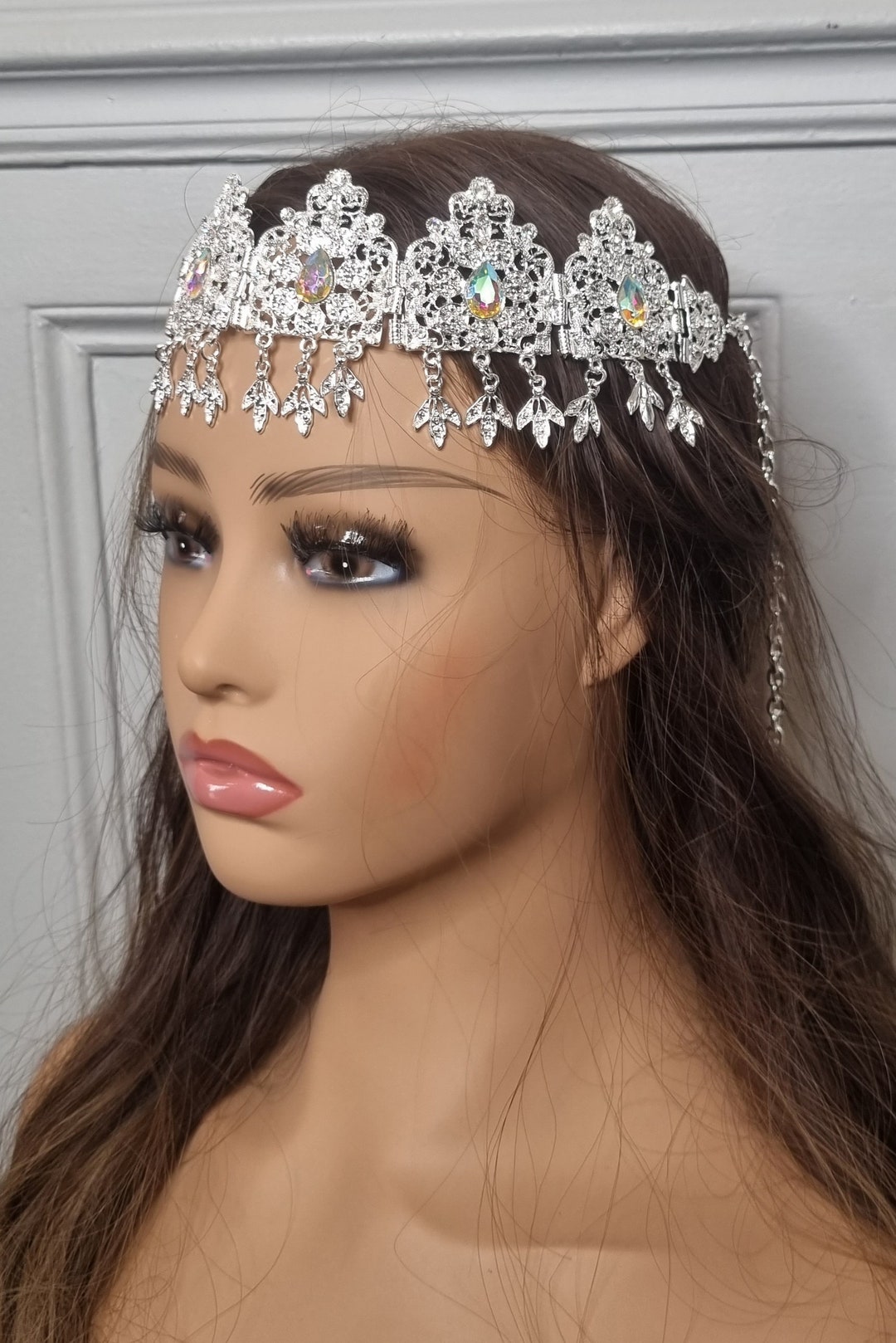 Jbine Frontal Crown in Silver Metal Holographic Stone Oriental Tiara ...