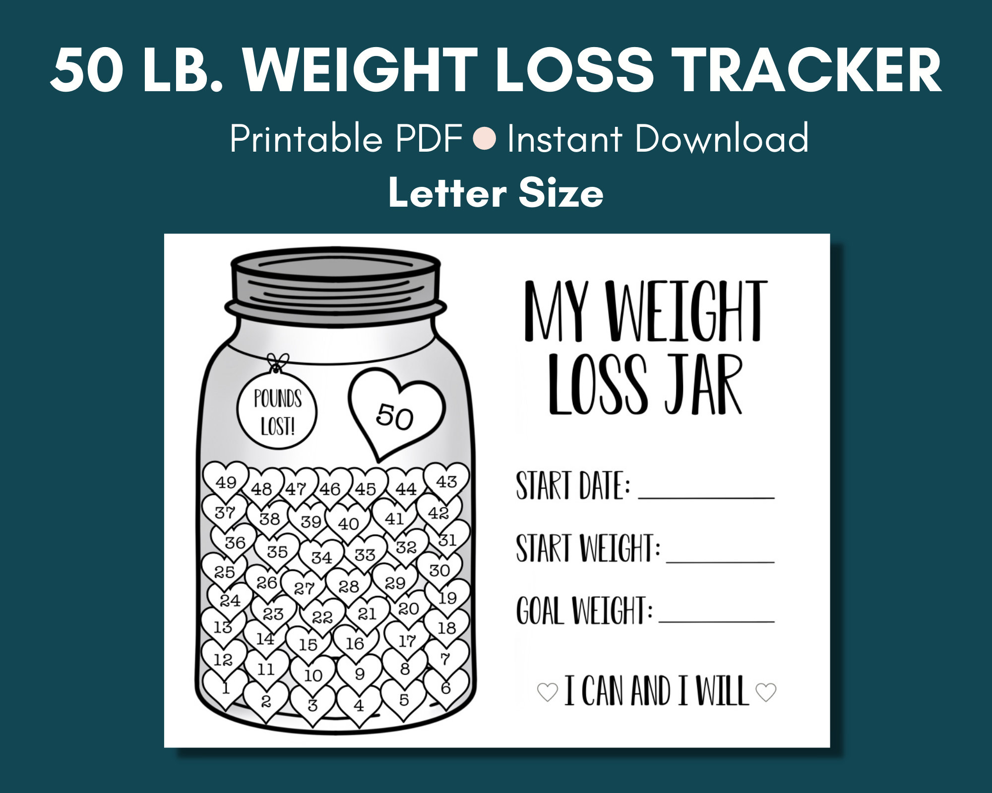 50 Lbs. Printable Weight Loss Tracker. Weight Loss Jar Tracker. Digital ...