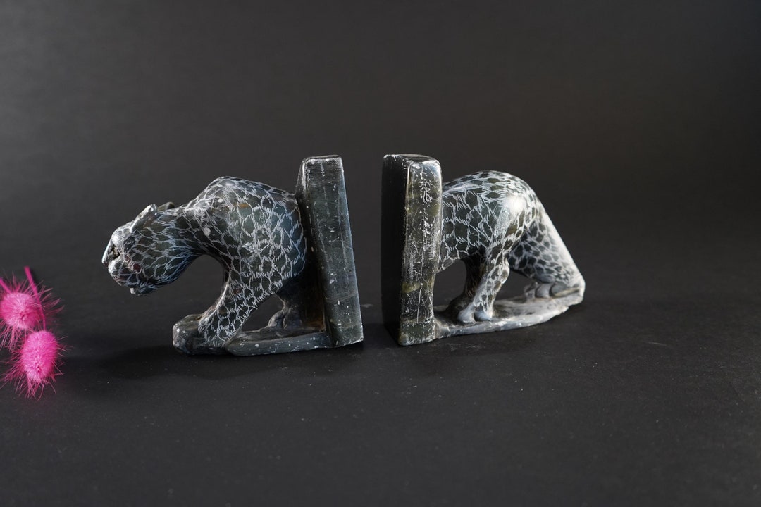 Pair of Hand-carved Green Marble Cheetah / Leopard Bookends, MCM Book ...