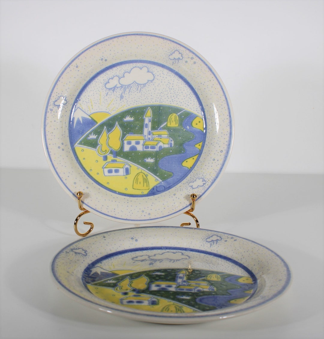 Set of Two Vintage EIT England Plates Blue and Yellow Countryside ...
