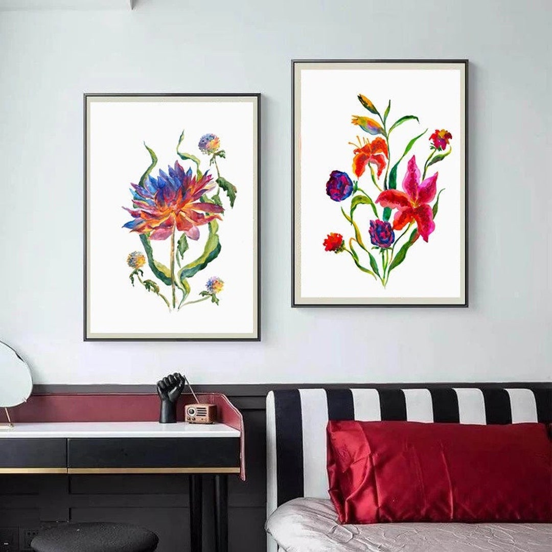 Set of Two Colorful Flower Watercolor Paintings Floral Poster Botanical ...
