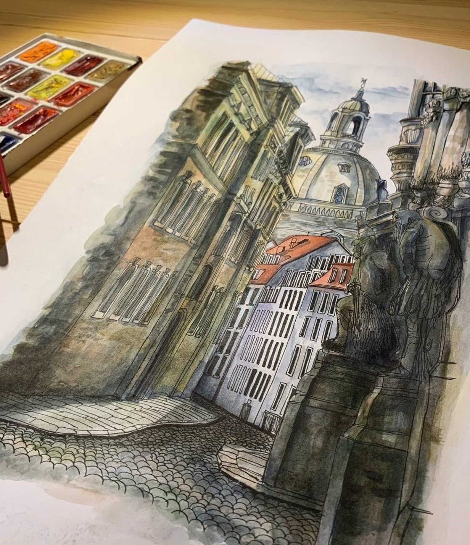 Original Dresden Watercolor Painting Architecture Drawing Wall Art ...