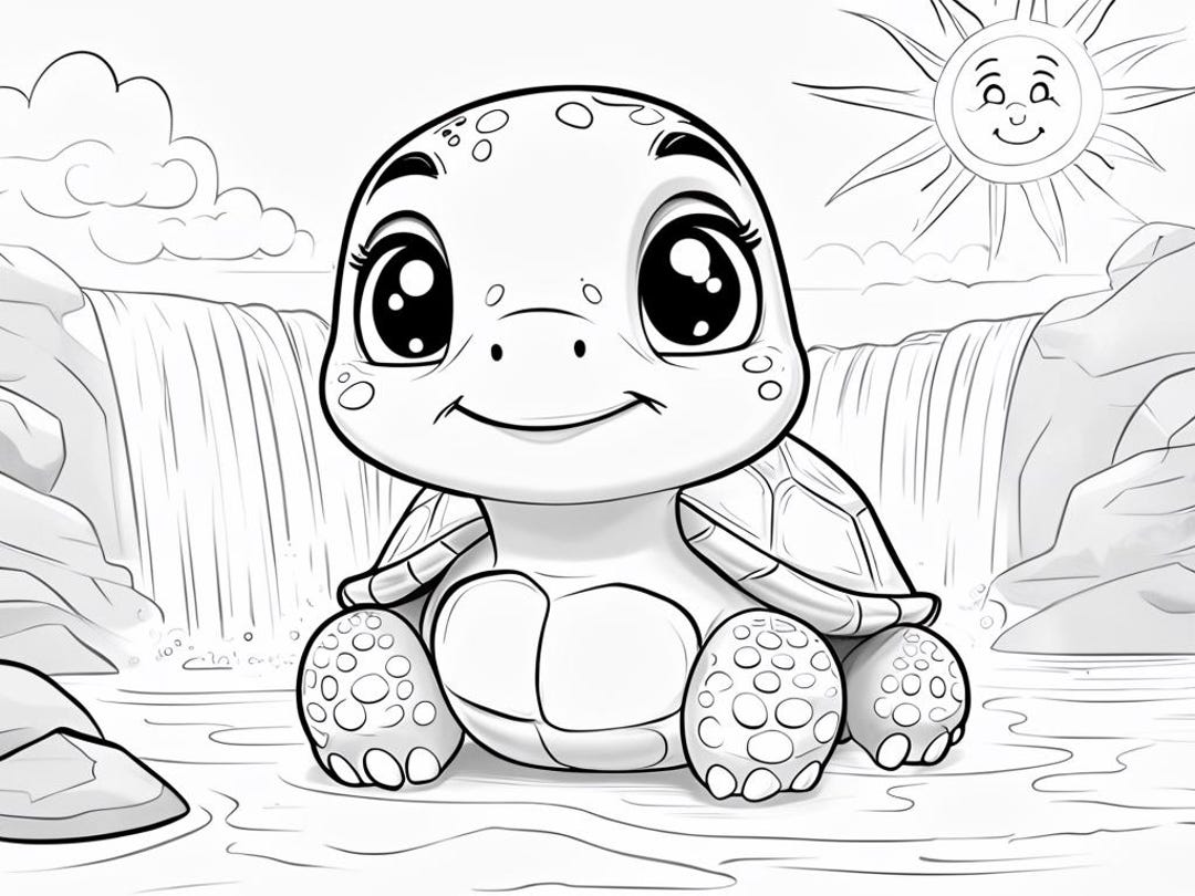 Coloring Page - A Turtle Chillin Buy the Waterfall - Etsy