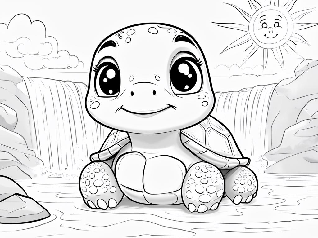 Coloring Page - A Turtle Chillin Buy the Waterfall - Etsy