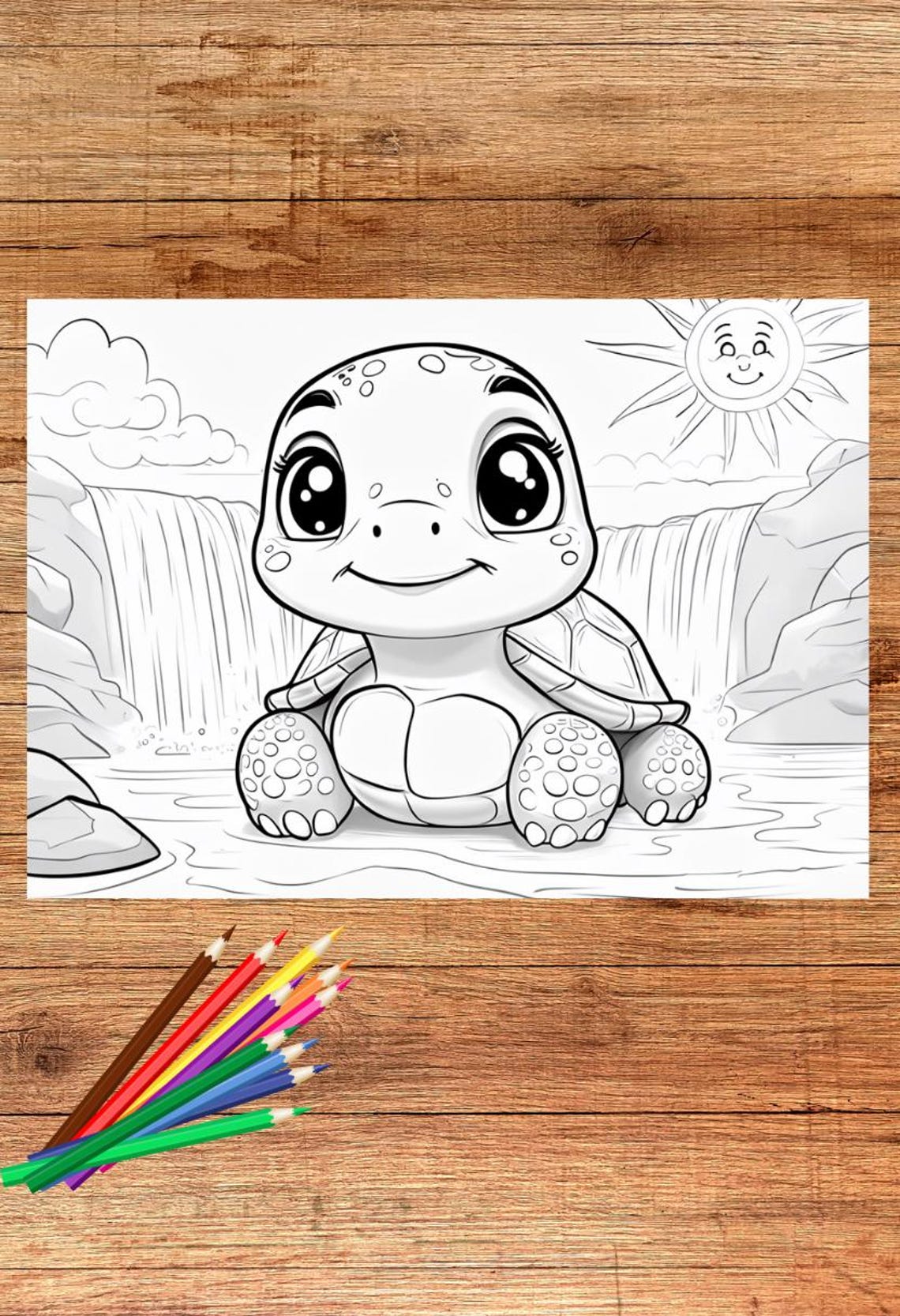 Coloring Page - A Turtle Chillin Buy the Waterfall - Etsy