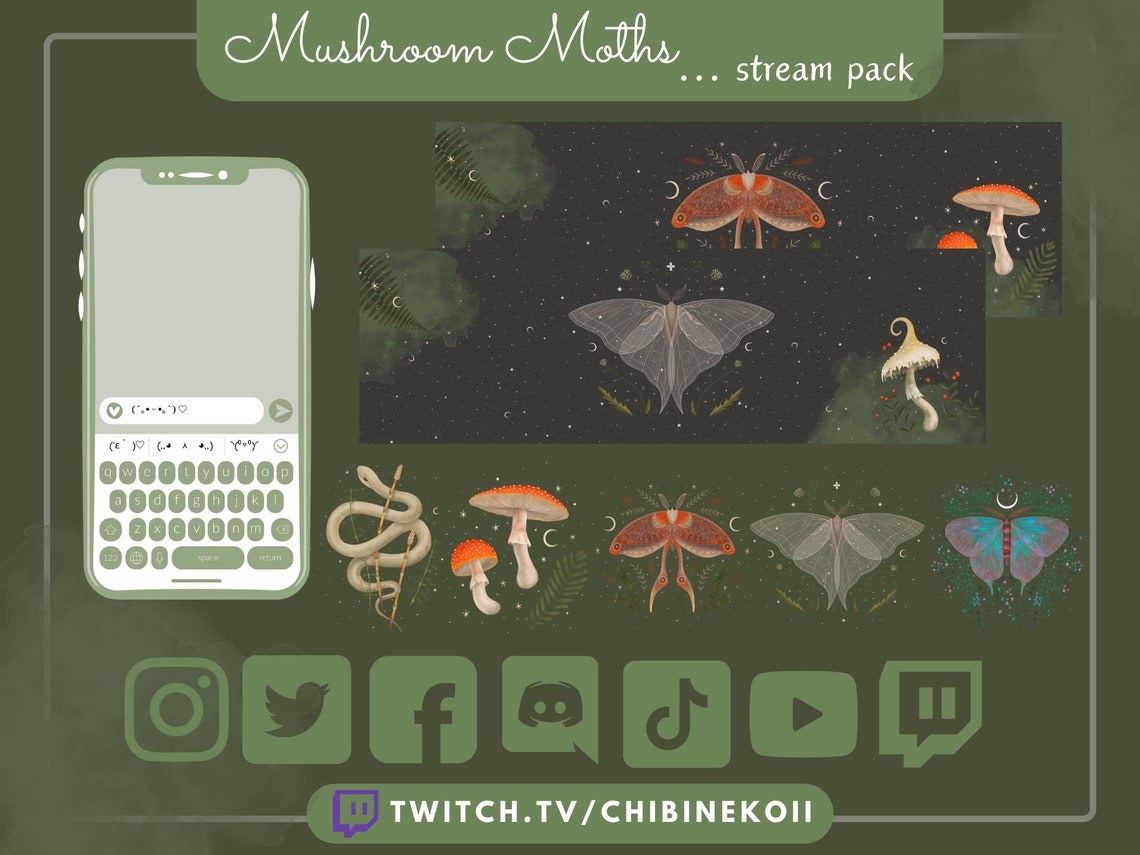 Mushroom Moths Twitch Stream Overlay Package | Animated | Stream Bundle | Green | Witchy | Moss ...