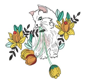 Cat With Flowers Machine Embroidery | Etsy