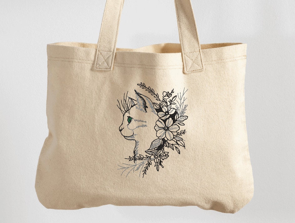 Cat With Flowers Machine Embroidery - Etsy