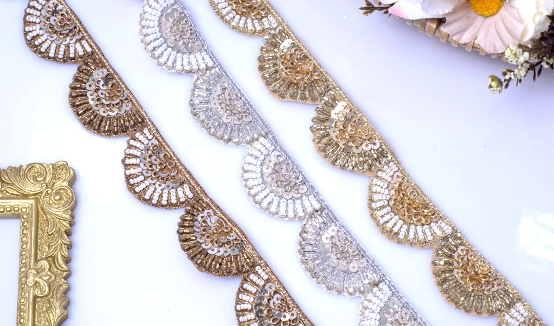 Metallic Scalloped Sequence Trim Dress Sew on Bridal Ware Handmade 1 ...