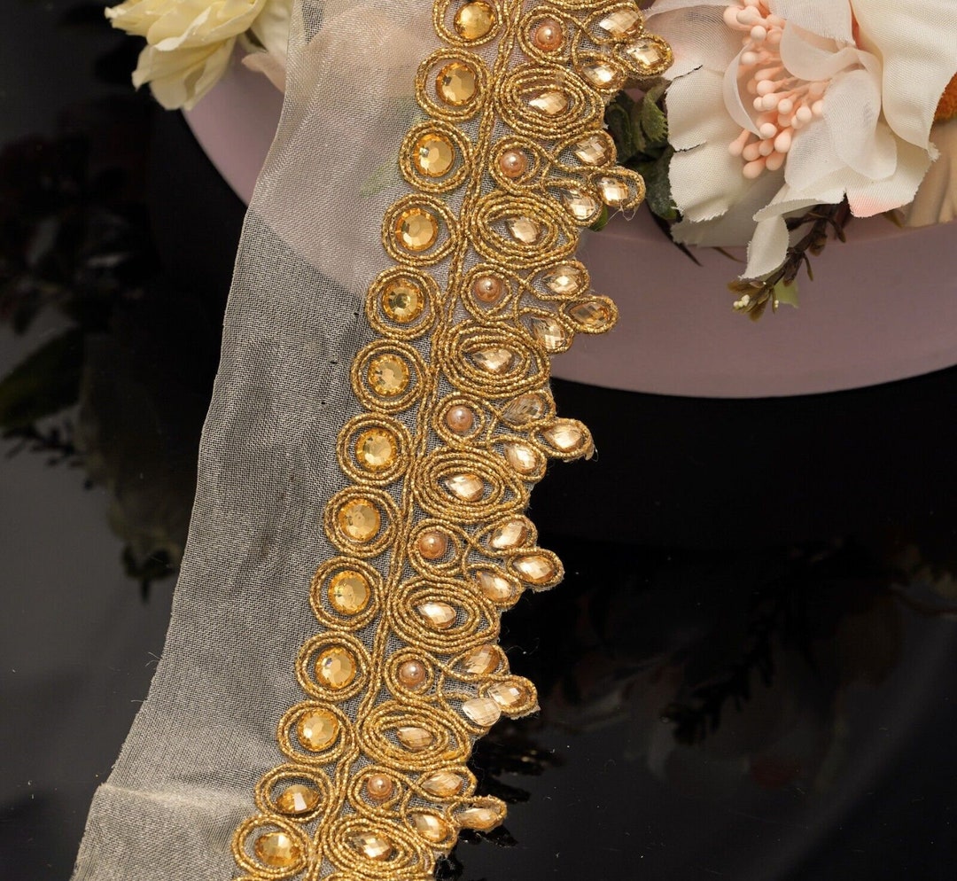 Golden Sequence Beads Studs Metallic Zari Lace Trim Edging Sew on ...