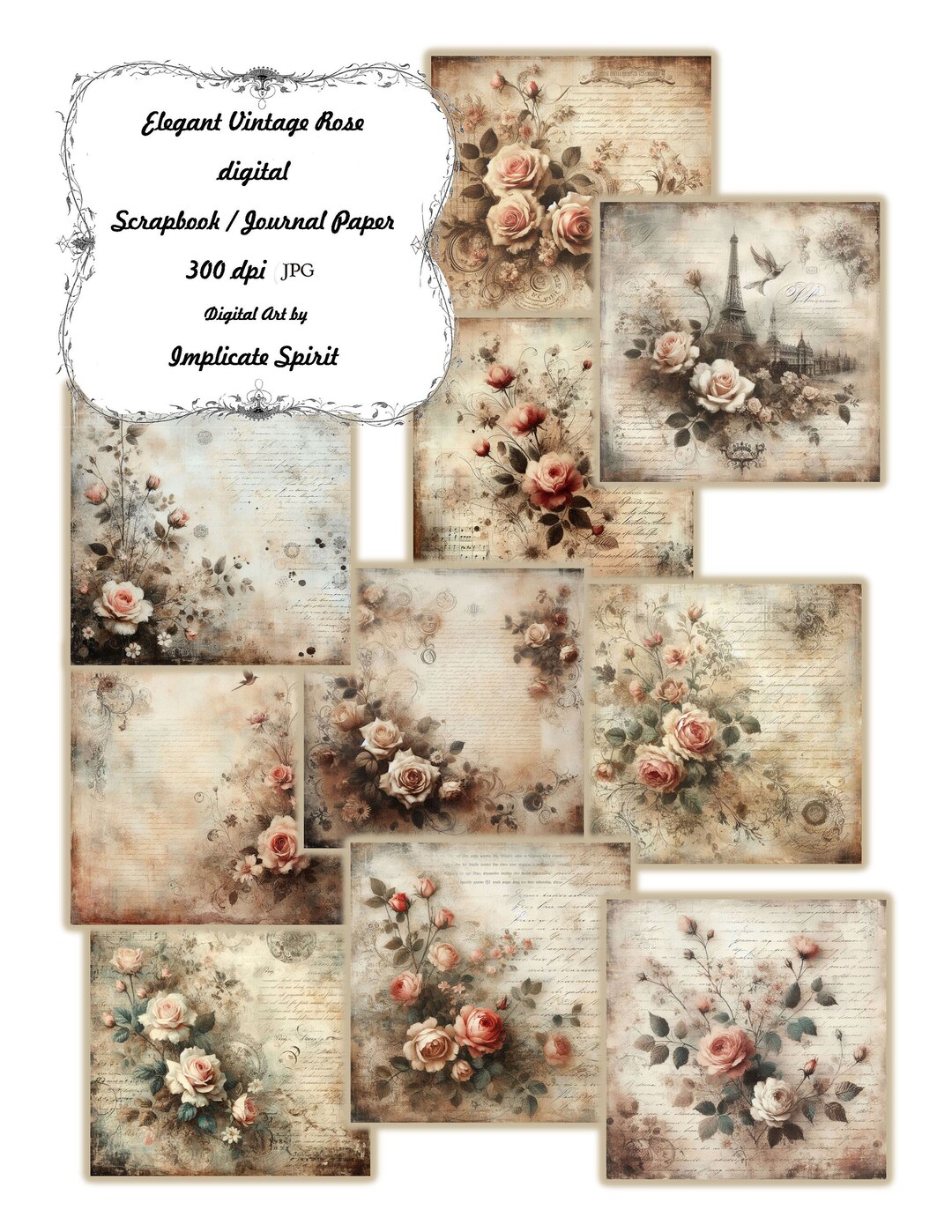 Elegant Vintage Rose Scrapbook Paper 48 Images 12x12, 8.5x11, 11x8.5, 5 ...