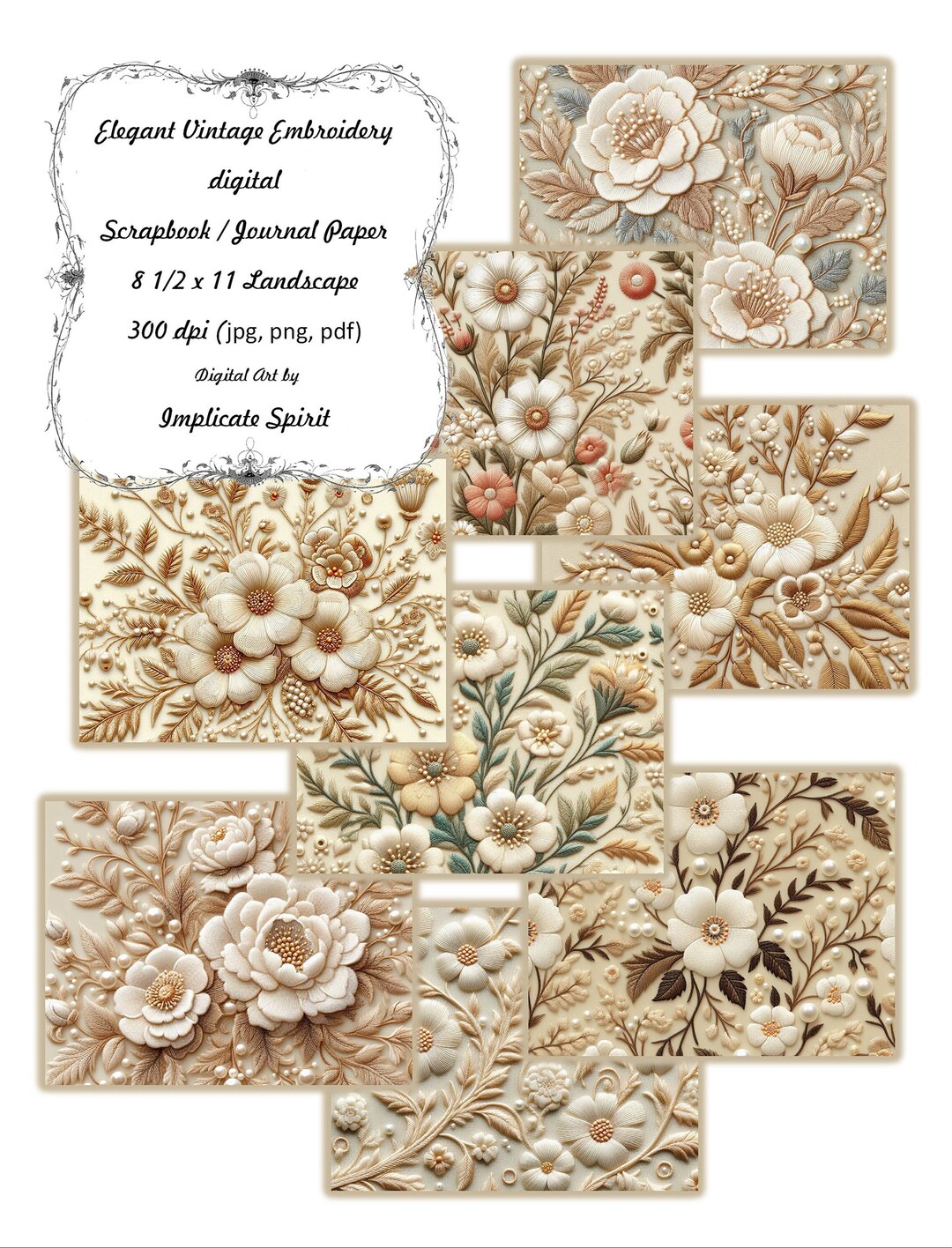 Elegant Vintage Floral Embroidery Scrapbook / Journal Paper 8 1/2 X 11 ...