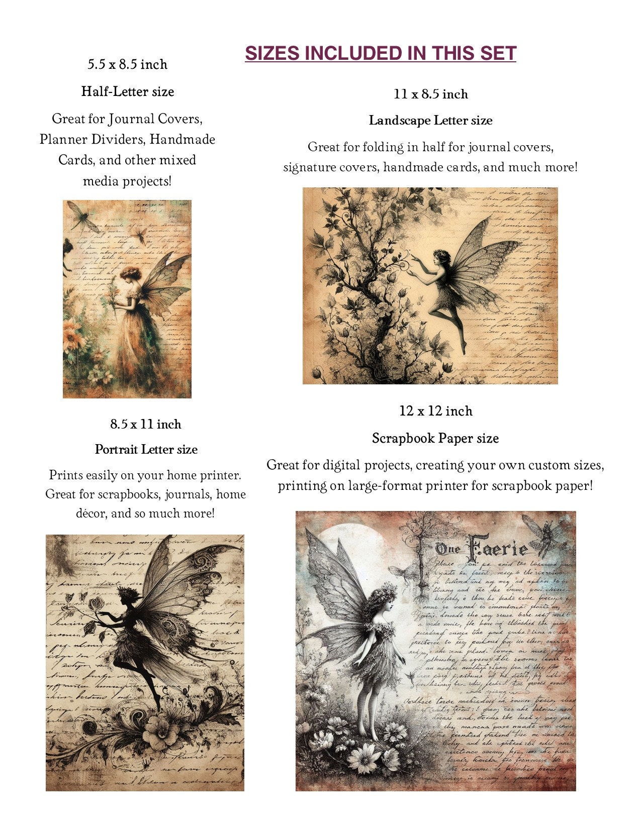Tattered Wings Faerie Scrapbook Paper 34 Images in Sizes 12x12, 8.5x11 ...