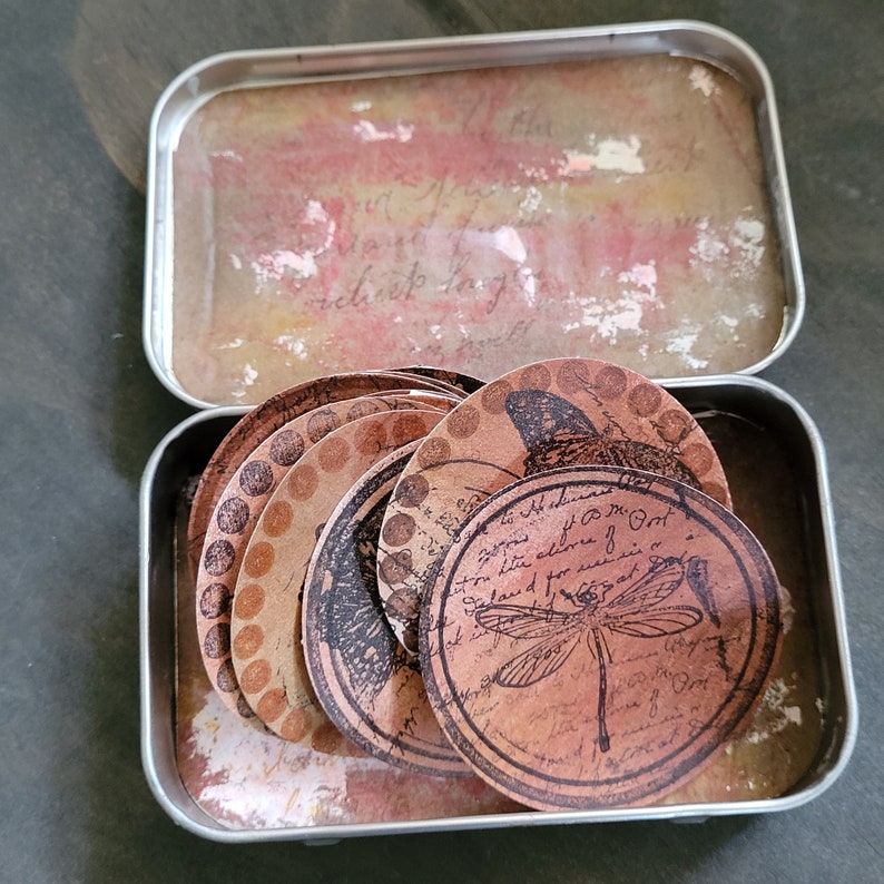 Stickers in a Tin, Vintage Distressed, an Altered Candy Tin Containing ...