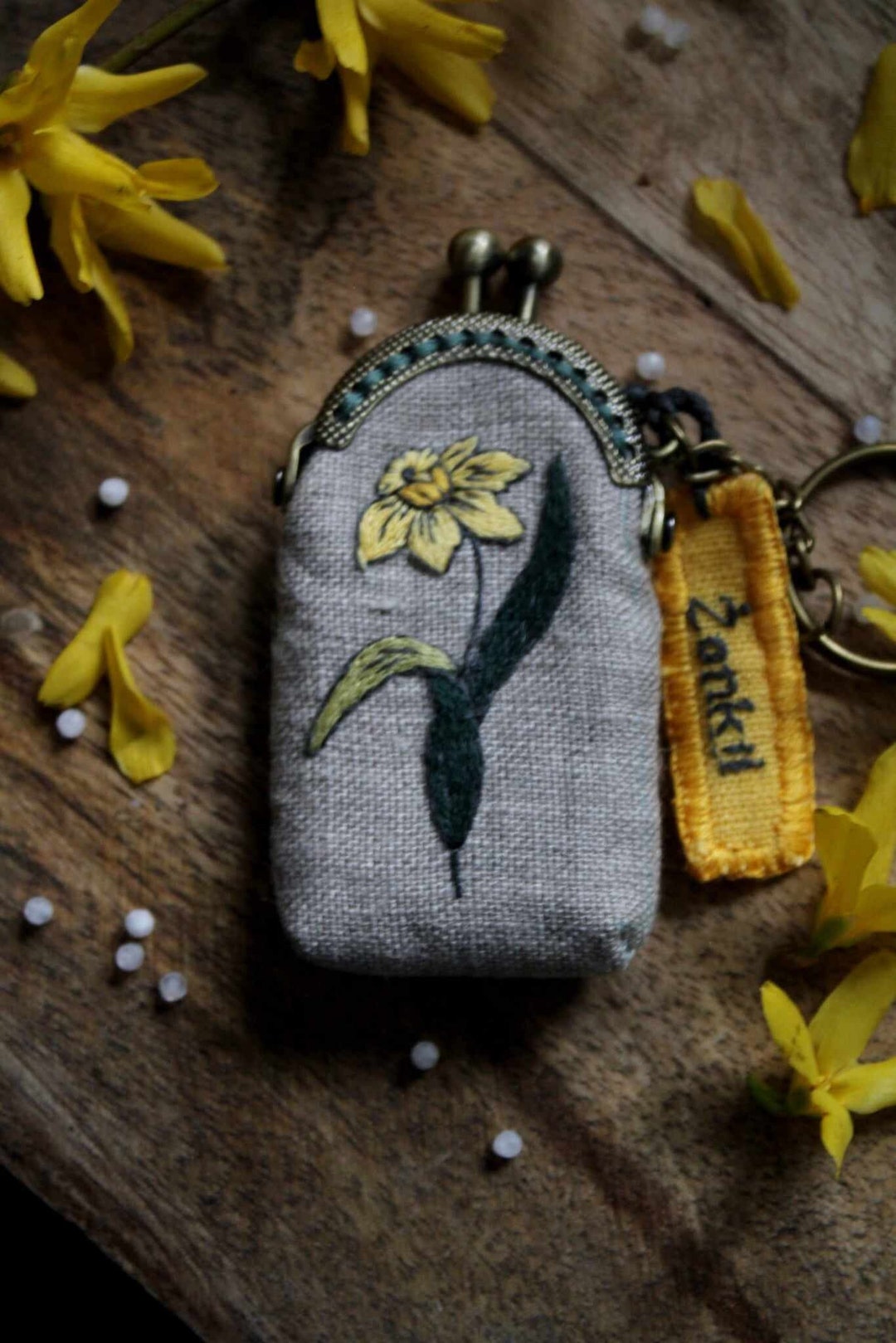 Tiny Little Purse/keychain Bag ( 8x4 Cm) With Birth Month Flower/ March ...
