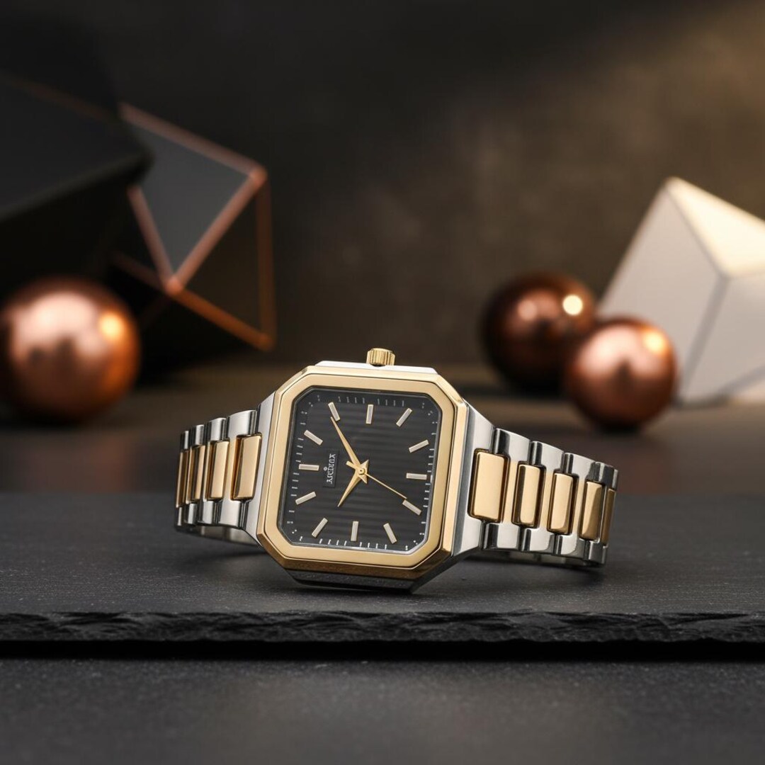 Square Dial Two-tone Modern Men’s Wristwatch, Silver Tone Stainless ...