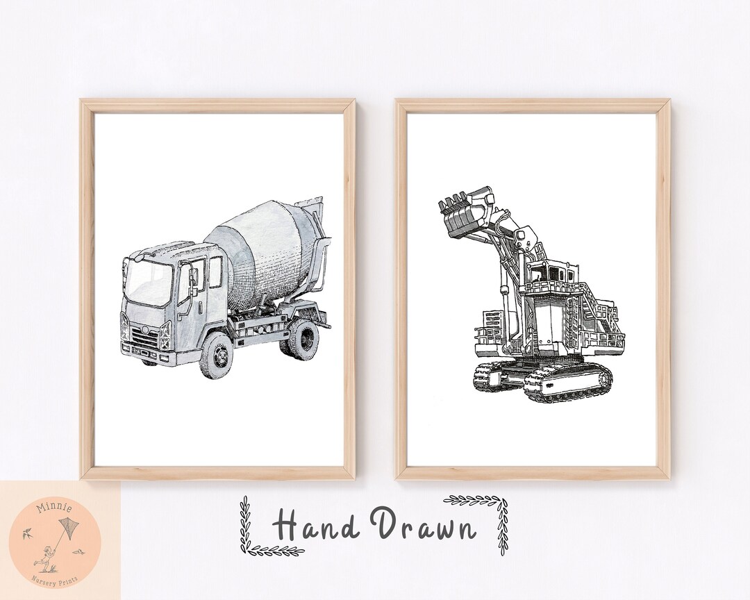 Mechanic Construction Vehicles Illustration Posters for Set of 2 Wall ...