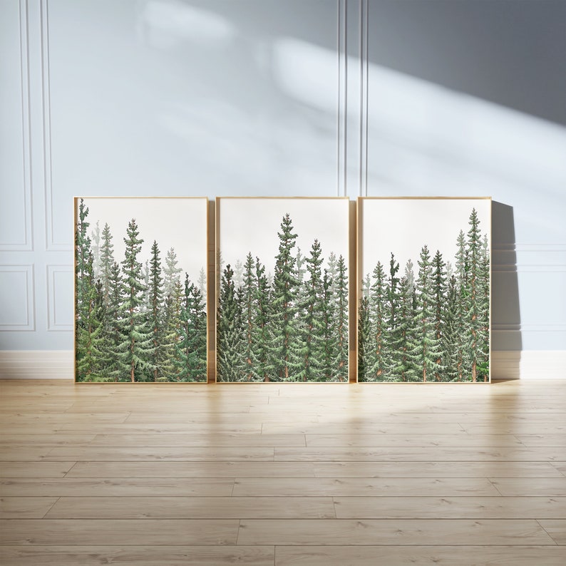 Pine Tree Woodland Print Poster for 3 Piece Wall Art, Downloadable ...