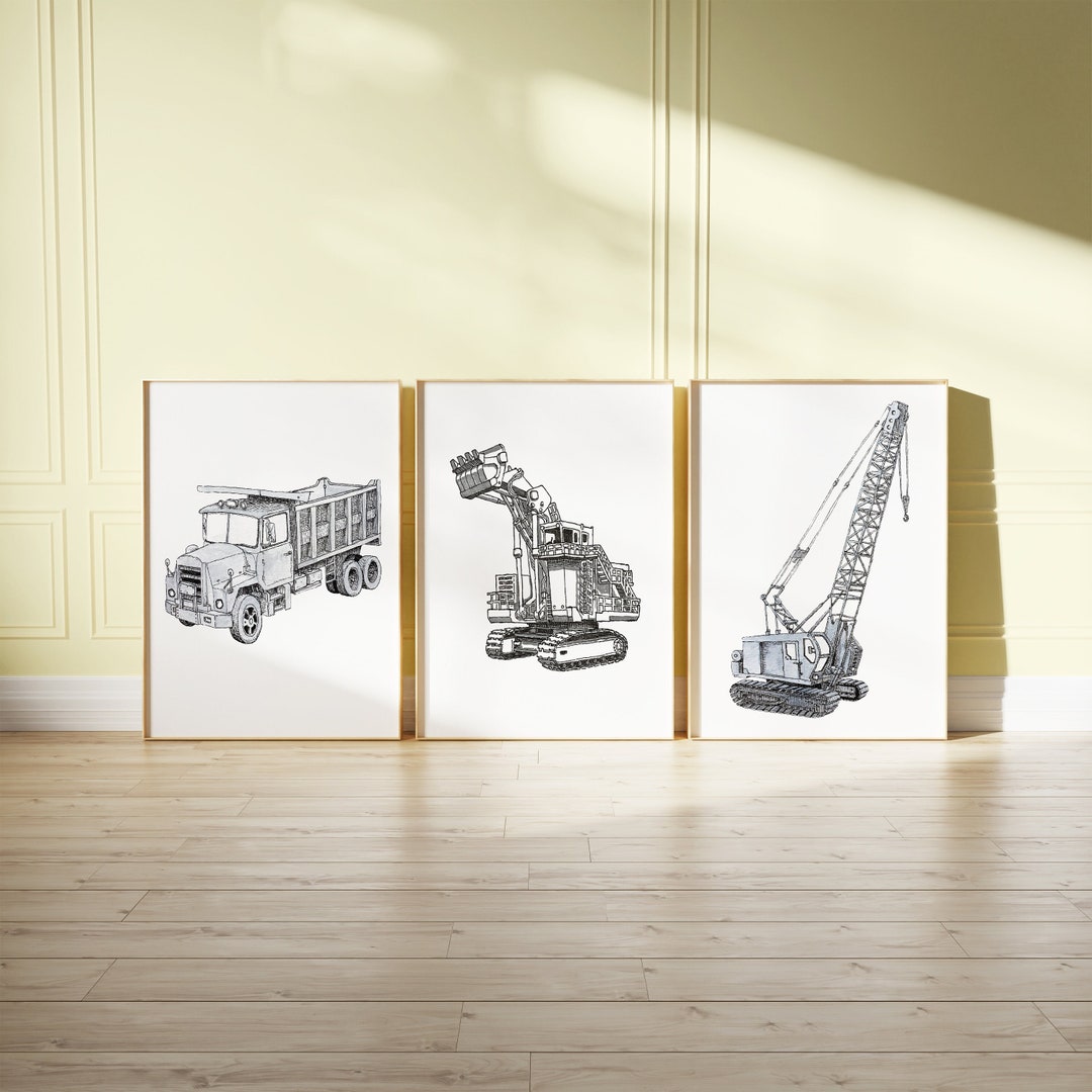 Mechanic Construction Vehicles Illustration Posters for Set of 3 Wall ...