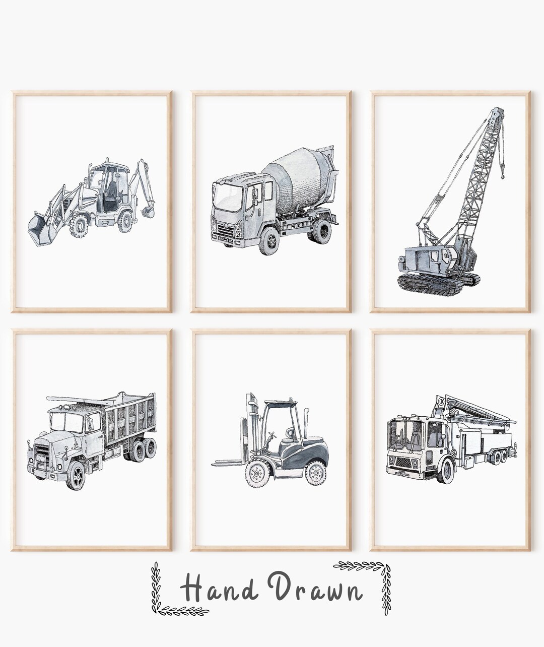 Mechanic Construction Vehicles Illustration Posters for Set of 6 Wall ...