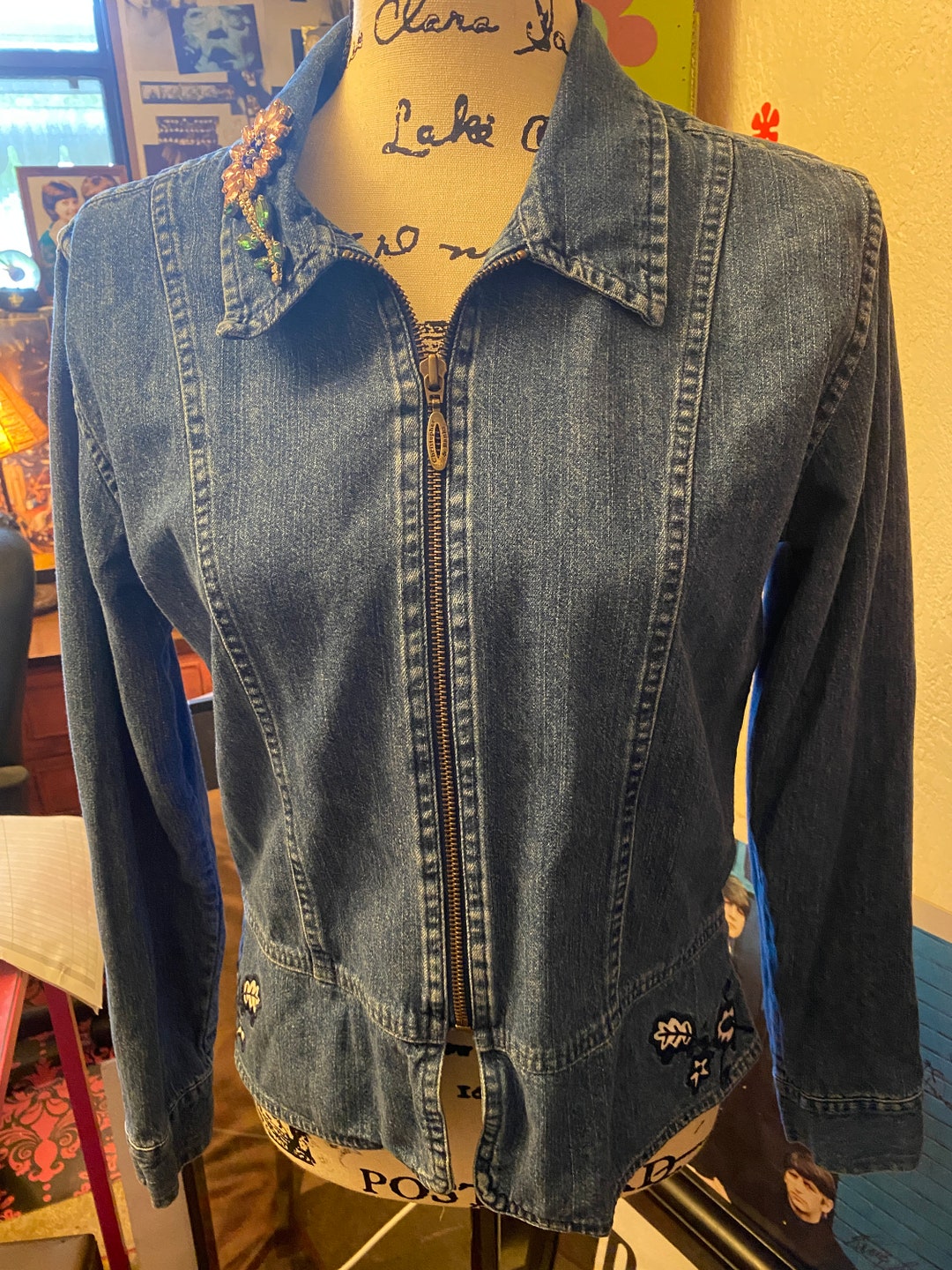 Pink Flower Embellished Blue Jean Jacket....bling - Etsy