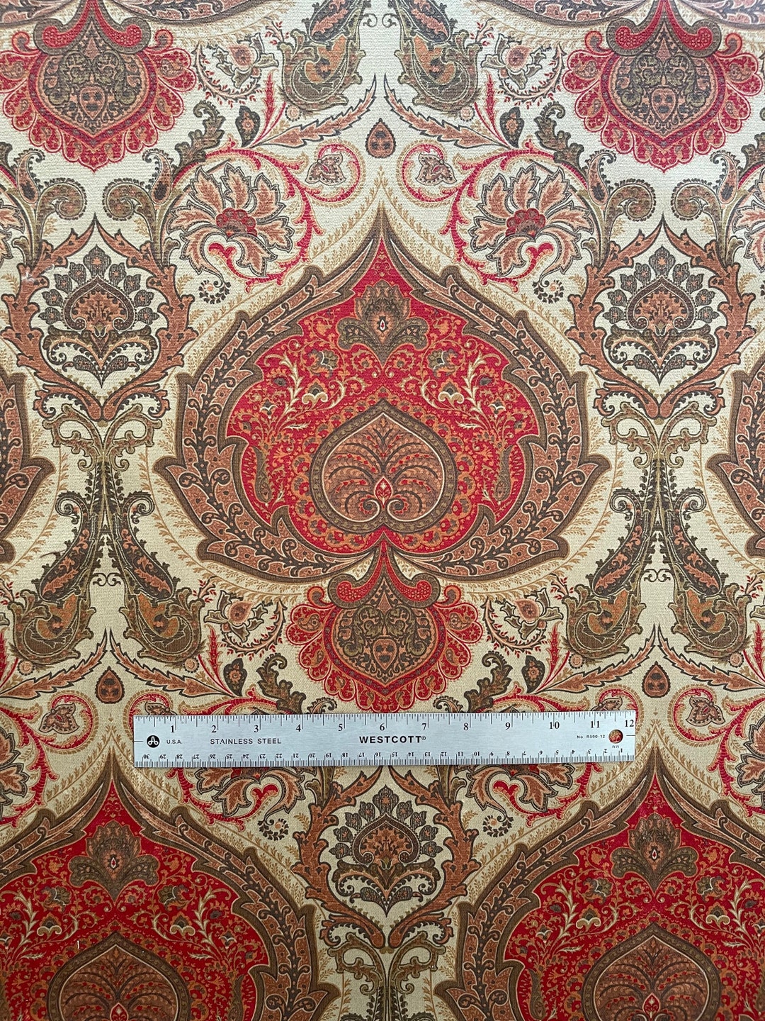 Ruby Velvet Upholstery Fabric Baroque Design Warm Red Golden Yellow ...
