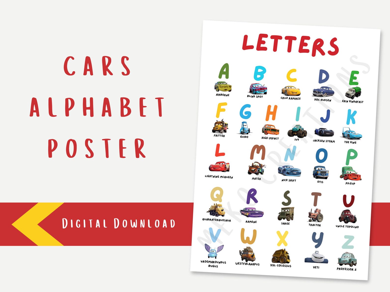 Disney Cars Alphabet Poster, Lightning Mcqueen Kids Room Decor, Letters ...