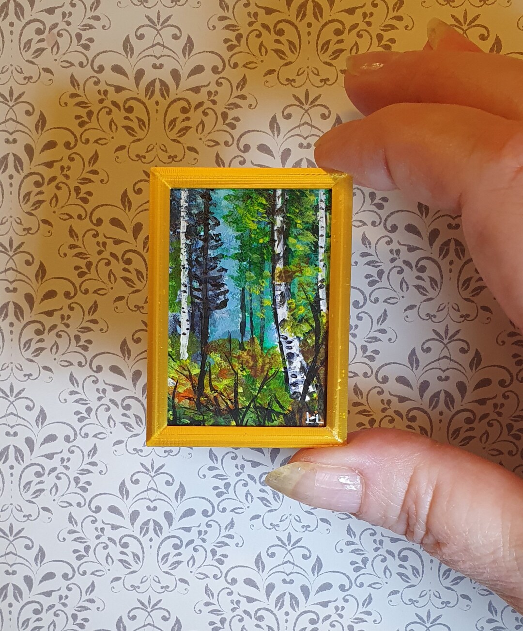 Landscape: Forest With Birch Trees. Handpainted Miniature Acrylic ...