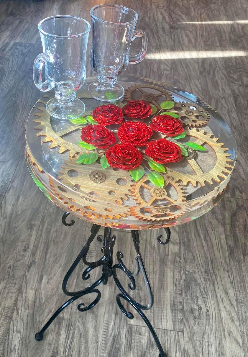 Resin Table With Wood/metal Flowers and Gears - Etsy