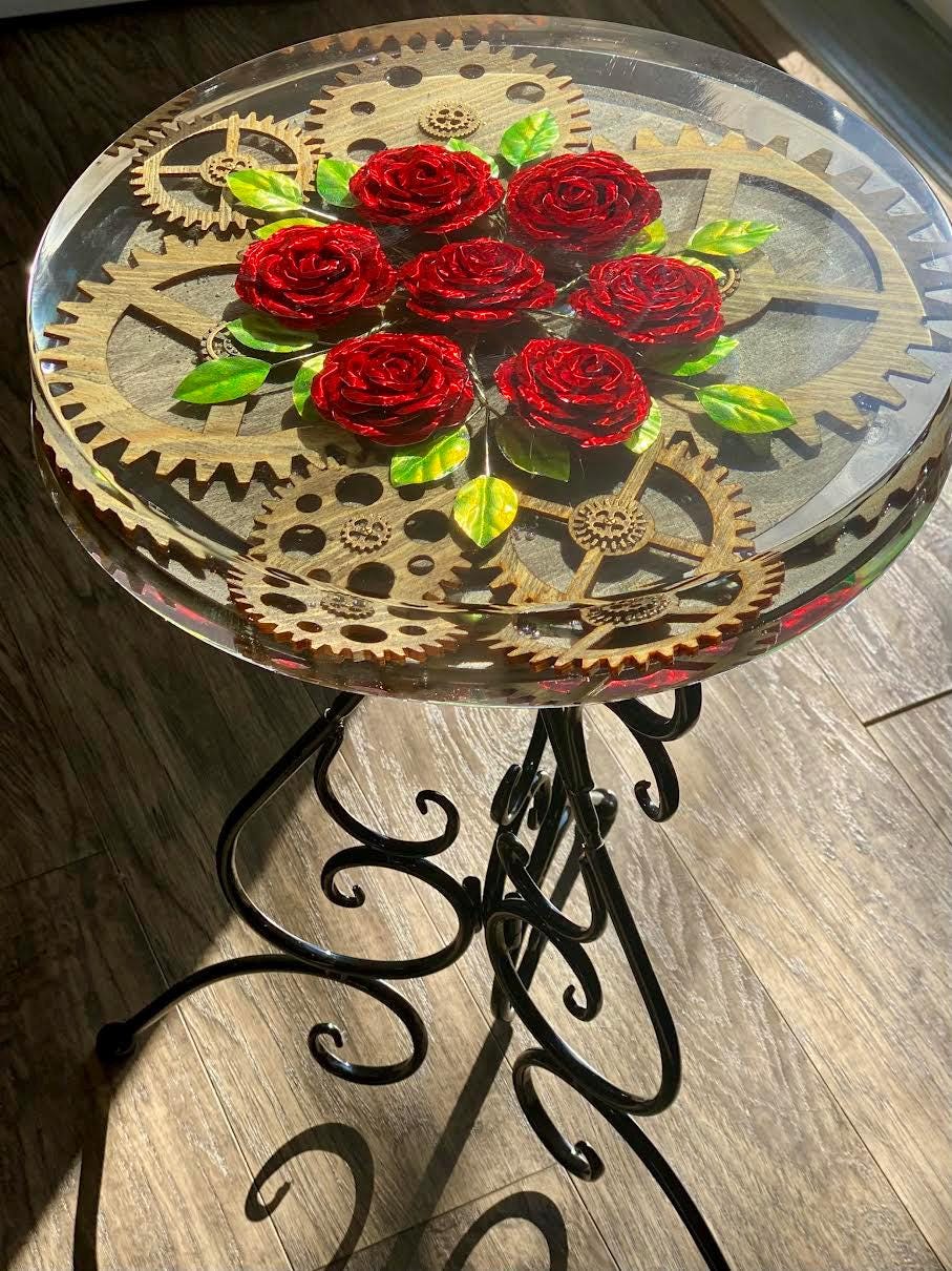 Resin Table With Wood/metal Flowers and Gears - Etsy