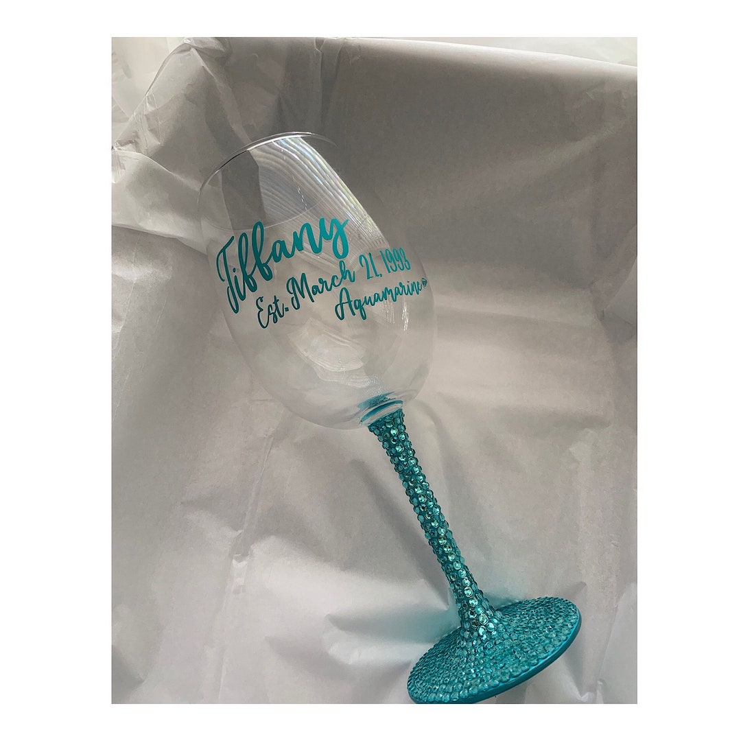 Aquamarine Blue Bling Wine Glass Gift for March Birthday March ...