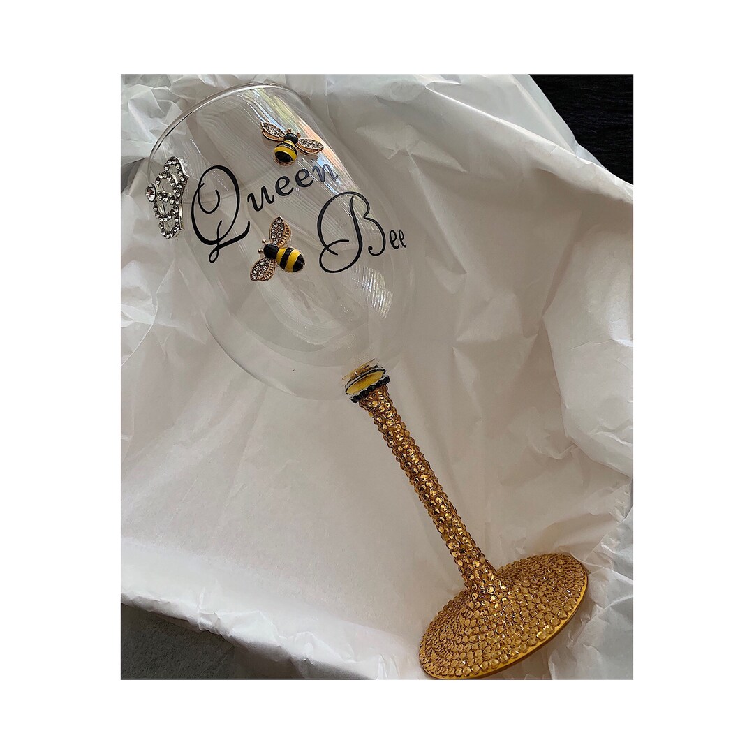 Queen Bee Wine Glass: Rhinestone Crown & Bumblebees, Bling Stem - Etsy