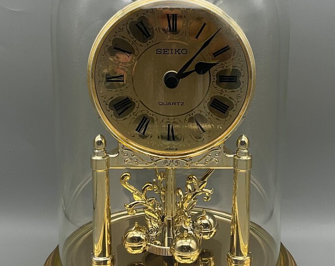 Vintage Seiko Anniversary Mantel Gold Tone Clock With Glass Dome and ...