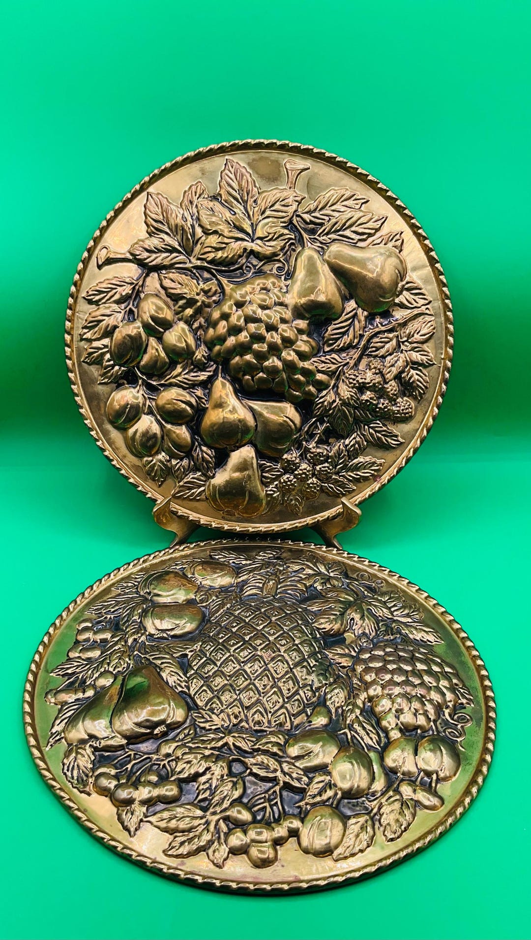 Vintage Set of Two Hammered Brass Embossed Fruits Wall Plaques ...